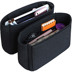 HyFanStr Felt Insert Bag Organizer with Zipper, Small Handbag Purse Organizer Tote Liner Pouch for Women, 2 Pcs Set Black