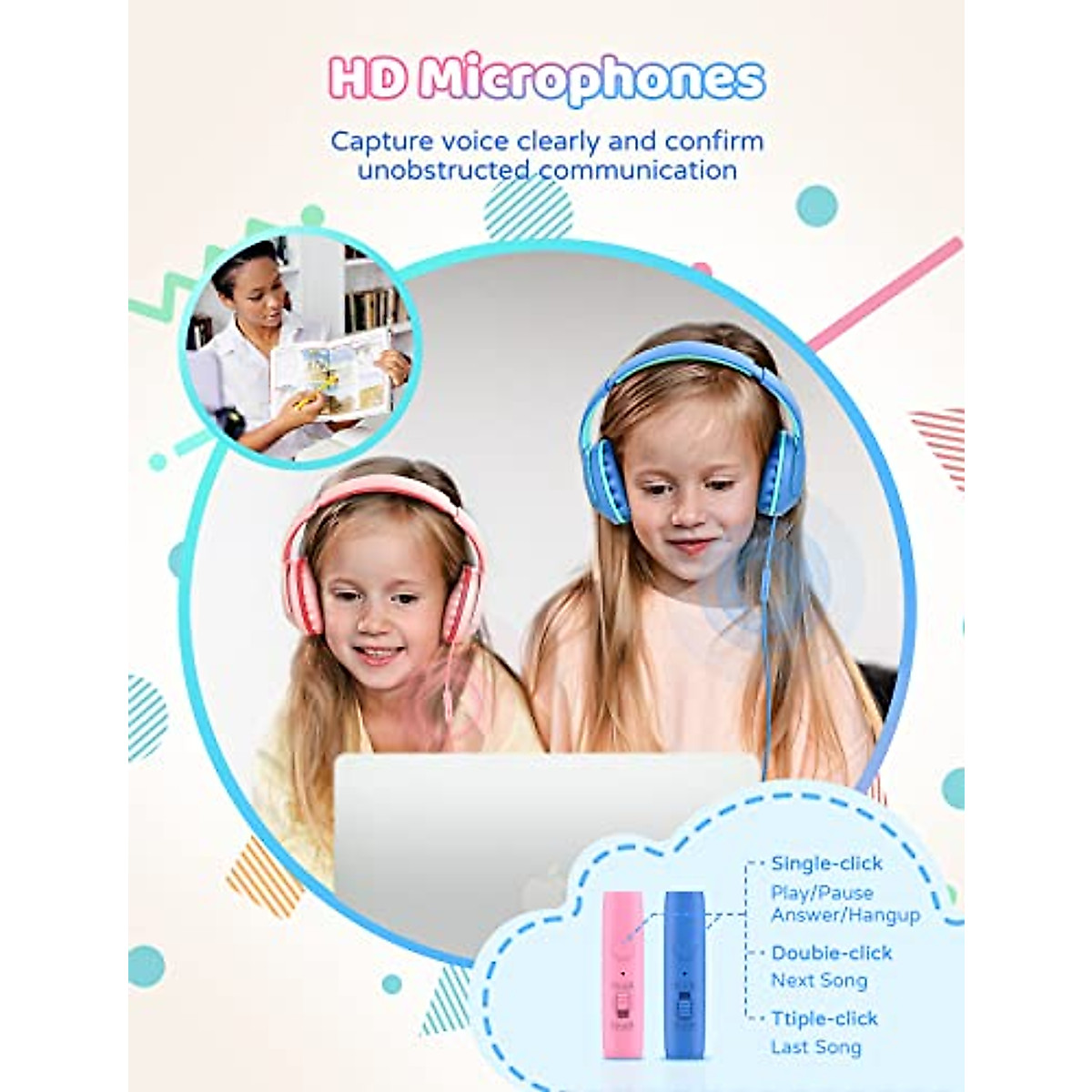 Kids Headphones Wired with Microphone, 85/94dB Volume Limit, Foldable Adjustable Headphone for Girls Boys Children, Tangle-Free 3.5mm Jack Wired for Study, School, Kids Headset for iPad /Tablet/MP3/4