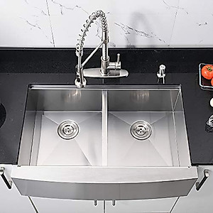 33 Inch Double Bowl Farmhouse Sink Workstation-Bokaiya 33x22 Stainless Steel Double Bowl Kitchen Sink Apron Front Sink 16 Gauge Deep 50/50 Low Divide Farm Sink with Cutting Board