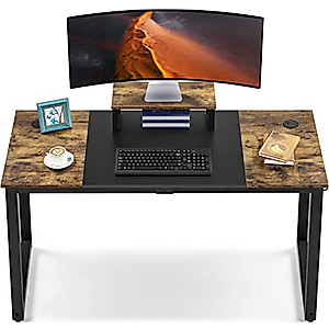 Yaheetech 55" Large Computer Desk with Movable Monitor Stand & Strong Legs, Modern Desk with Splice Board, Simple Writing Desk for Work/Study/Home/Gaming/Office, Rustic Brown & Black