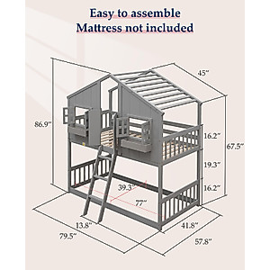 Tatub House Bunk Bed Twin Over Twin Floor Bunk Bed Wood Treehouse Bunk Bed with Ladder, Roof, Windows, Door and Storage, House Bunk Beds Frame for Kids Teens