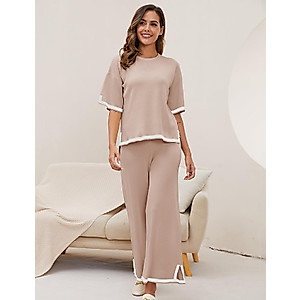 Wyeysyt Women Lounge Sets 2 Piece Sweater Knit Short Sleeve Pullover Tops Wide Leg Pants Elastic Waist Sweatsuits(Khaki-M)