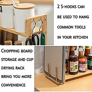 SHUOXIANG Kitchen Spice Racks, Bamboo Countertop Storage Organizer Jars Bottle Sauce Seasoning Rack Holder, 2 Tier Standing Step Shelf, Includes Knife, Cutlery, Chopping Board Storage, plus 2 Hooks