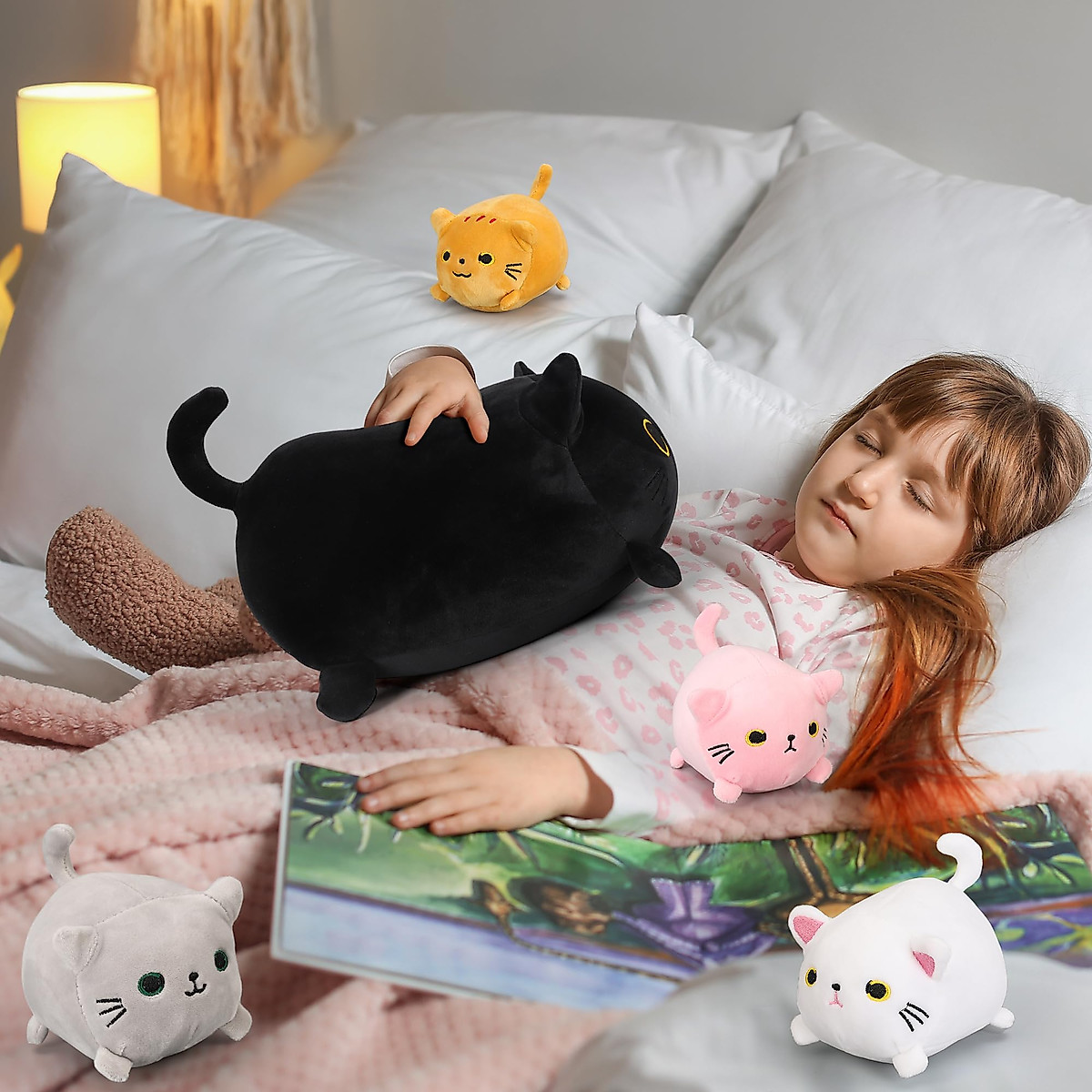 Cat Stuffed Animals, Cute Black Cat Plush Mommy with 4 Kitty Plushies Inside Tummy, 5Pcs Soft Cat Plush Pillow Toys, Gift Present Animal Pillows for Kids Girls Boys