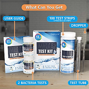 17 in 1 Water Testing Kits for Drinking Water - Water Test Kit - Tap Well Home Water Quality Test - 100 Strips + 2 Bacteria Tests - Easy Testing for pH Lead Hardness Iron Copper E.coli and More!