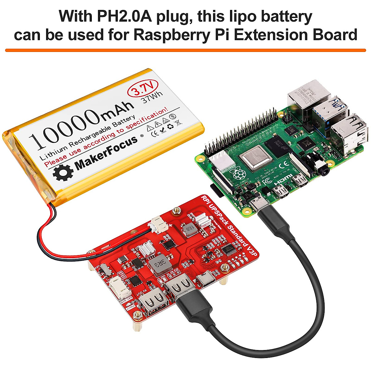 MakerFocus 3.7V LiPo Battery 10000mAh Lithium Rechargeable Battery with Integrated Protective Board, Insulation Coating and PH2.0A Plug for Raspberry Pi UPS Board and Other