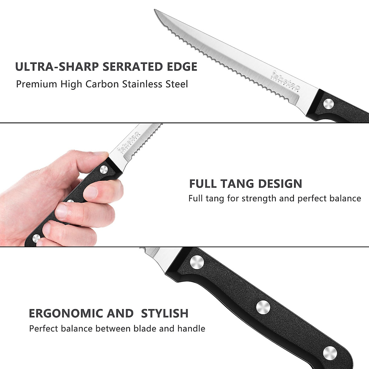 17-Piece Triple Rivet Kitchen Knife Set with High-Carbon Stainless-Steel Blades, Black ABS Handle and Wood Block, Black