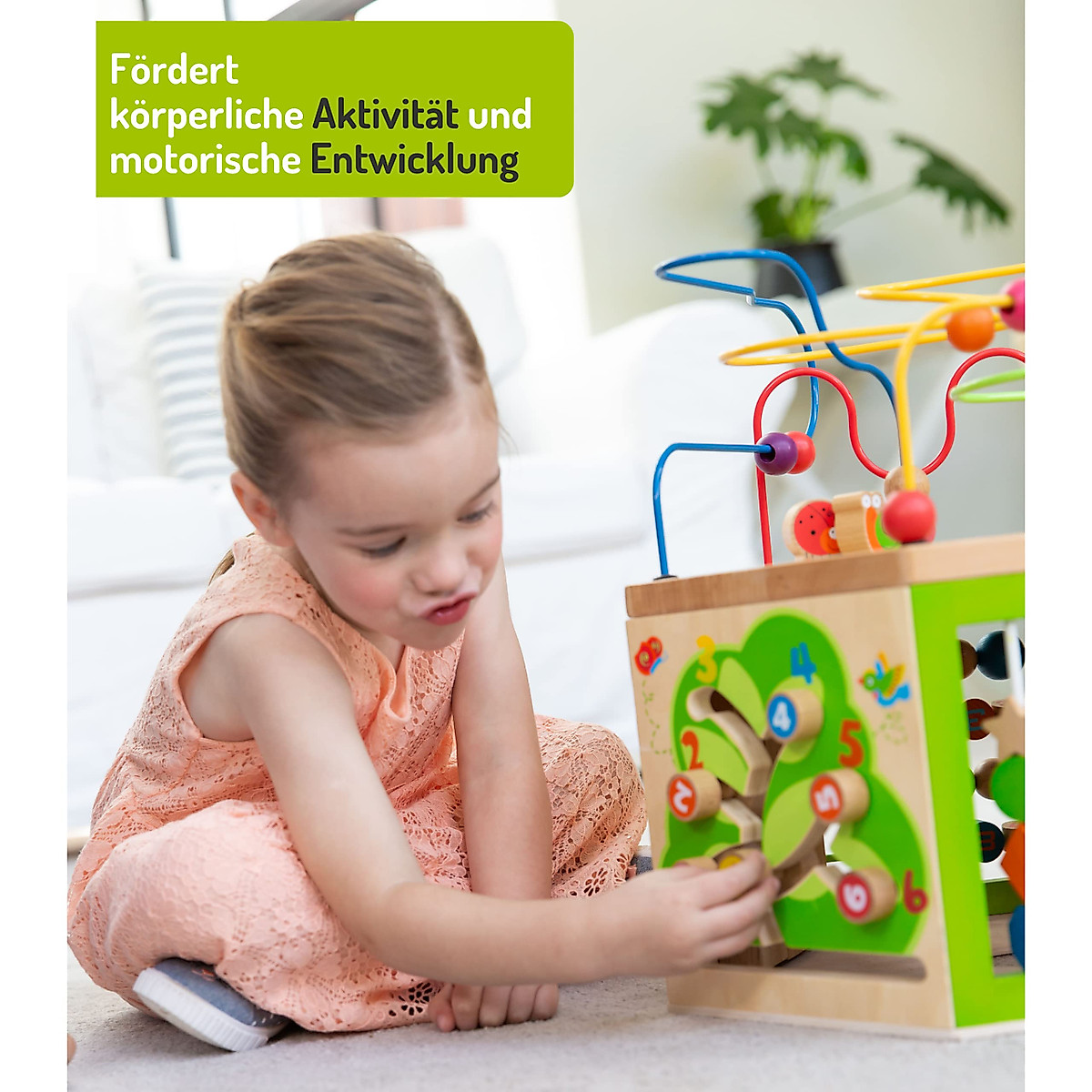 EverEarth Garden Activity Cube. Wood Shape & Color Sorter, Bead Maze & Counting Baby Toy