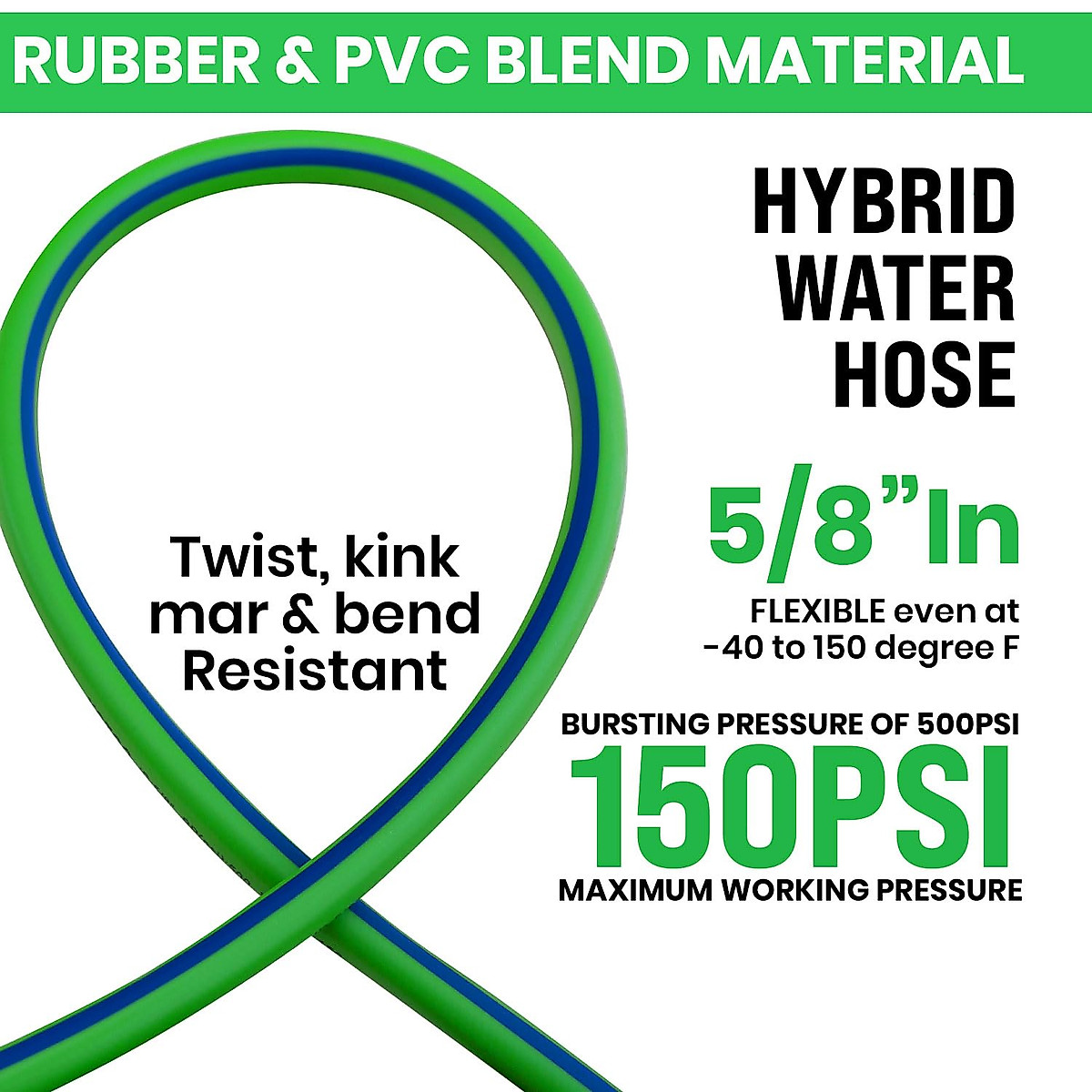 YOTOO Heavy Duty Hybrid Short Garden Hose, Lead in Water Hose 5/8-Inch by 10-Feet 150 PSI, Kink Resistant, All-Weather Flexible with Swivel Grip Handle and 3/4" GHT Solid Brass Fittings, Green+Blue