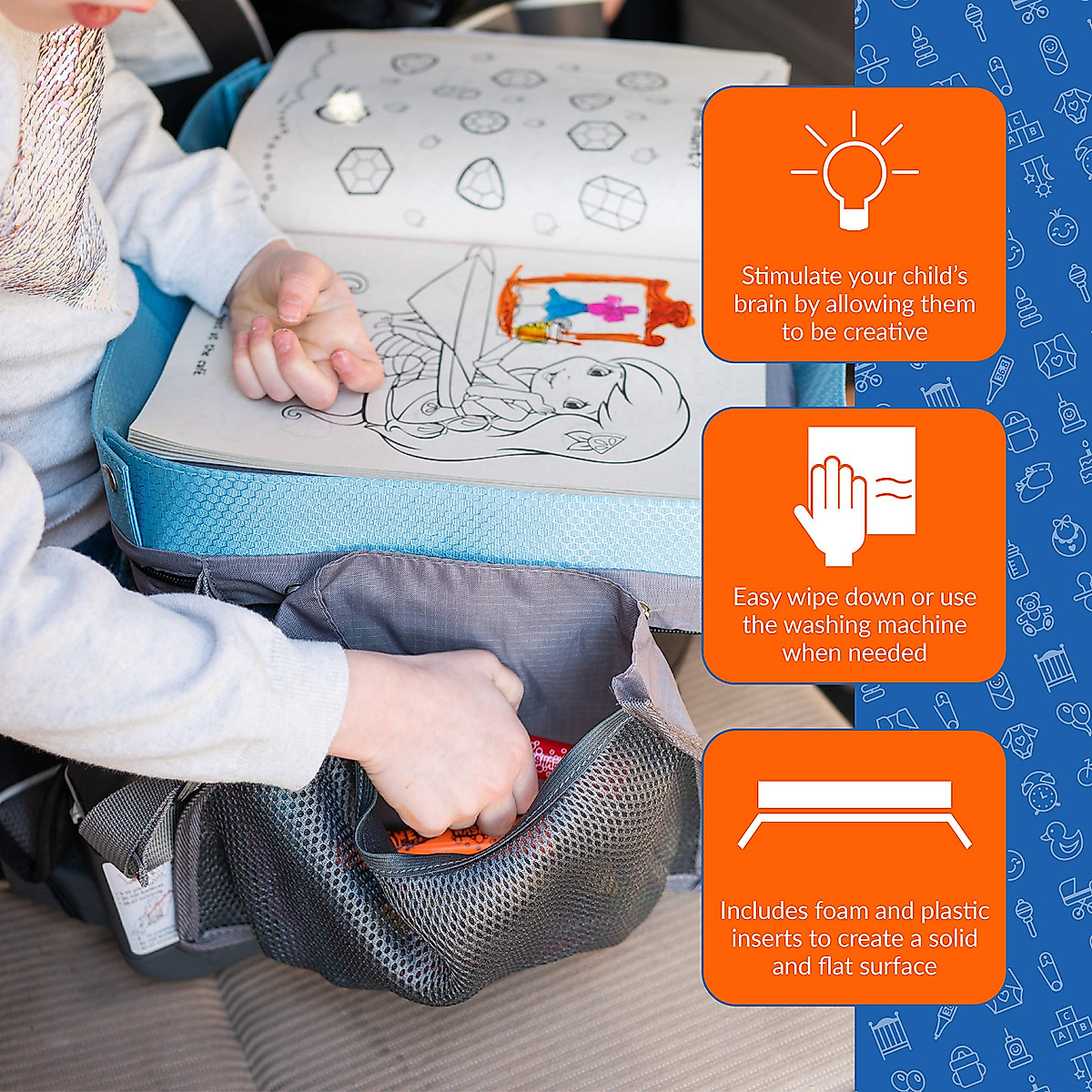 Kids E-Z Travel Lap Desk Tray by modFamily - Universal Fit for Car Seat, Stroller & Airplane - Organized Access to Drawing, Snacks, and Activities. Includes Bonus Printable Travel Games - (Red)