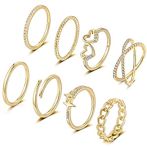 Honsny 8PCS 14K Gold Plated Stacking Rings for Women Gold Silver Stackable Knuckle Rings Twist Thumb Thin Dainty Gold Band Rings Wave Finger Eternity Silver Ring Set for Teen Girls Size 5 to 11