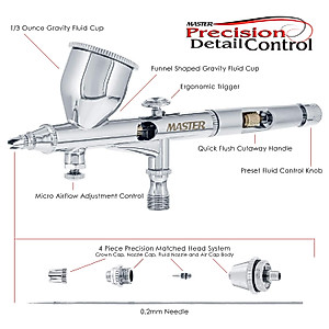 Master High Precision Detail Control G44 Dual-Action Gravity Feed Airbrush, 0.2 mm Tip, 1/3 oz Funnel Fluid Cup, Air Control Valve