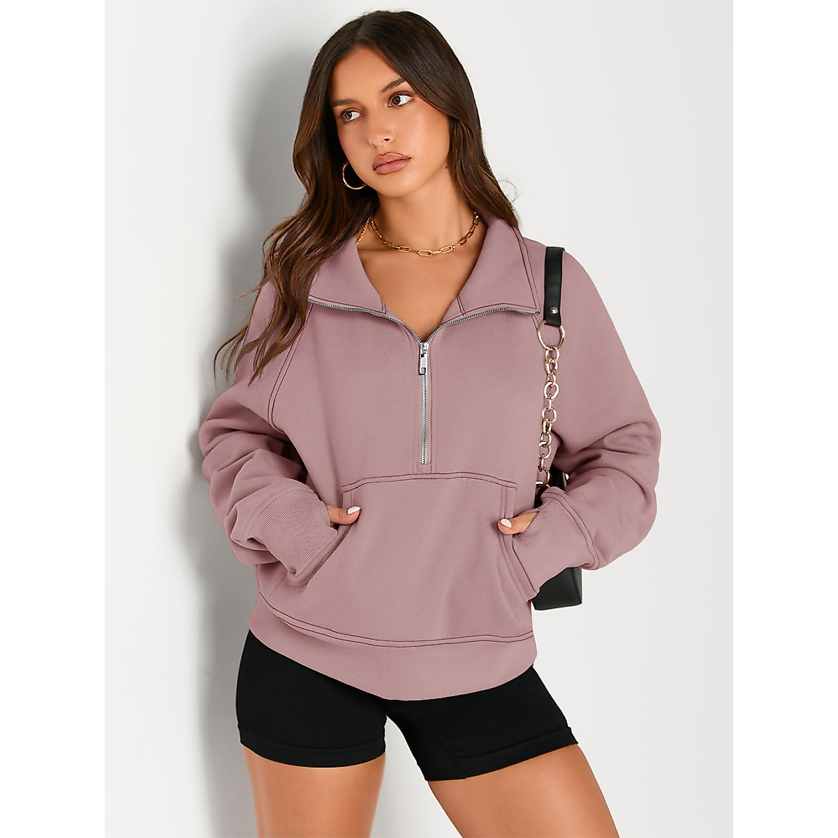 AUTOMET Womens Sweatshirts Half Zip Cropped Pullover Fleece Quarter Zipper Hoodies 2024 Fall Fashion Outfits Clothes DarkPink Medium