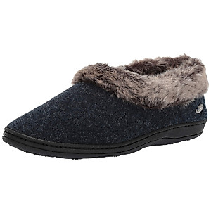 Acorn Womens Faux Chinchilla Collar Slipper, Navy Blue, 43957