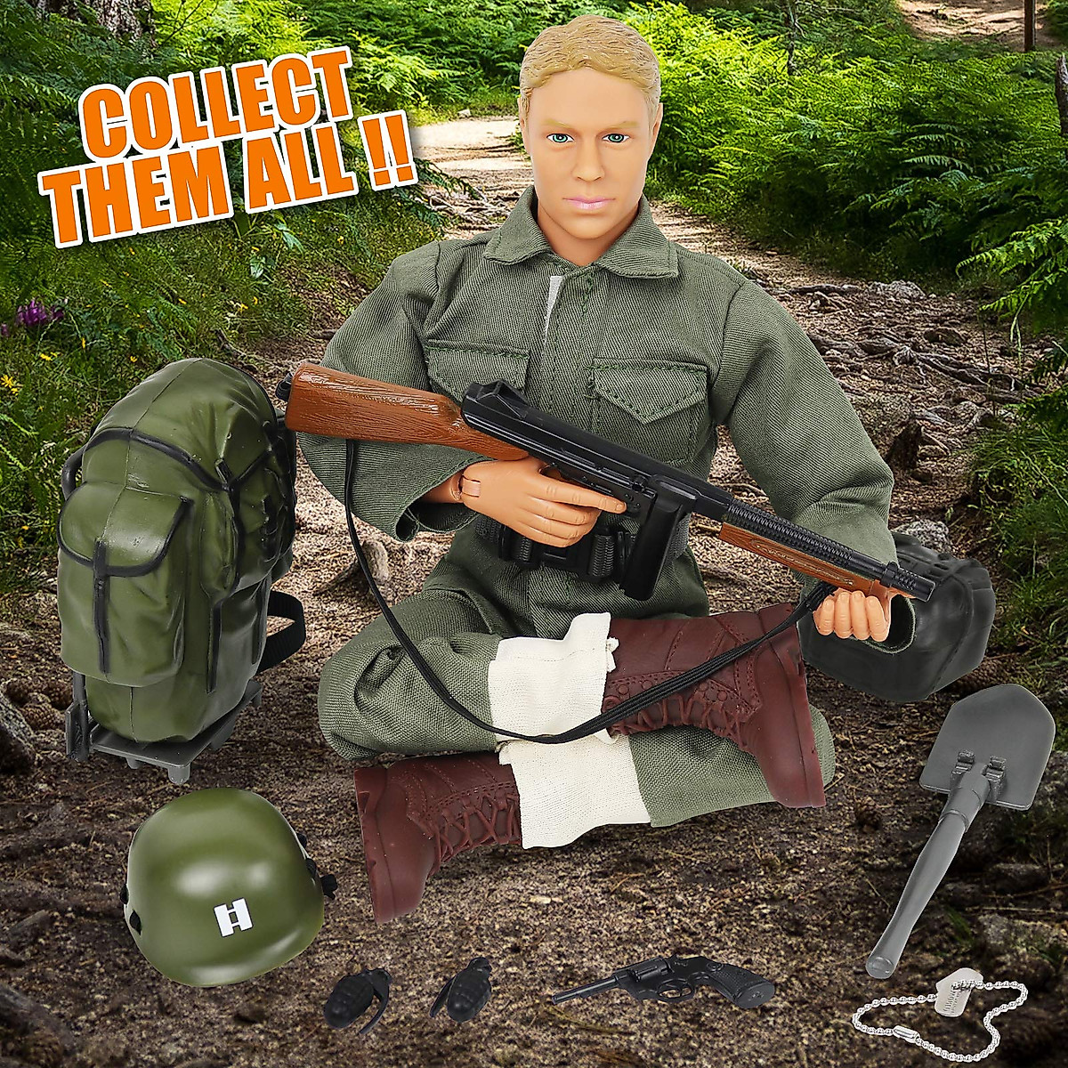 Click N' Play WWII Allies Army Infantry 12” Action Figure Plat Set with Accessories - Click N Play Military WW2 Toys