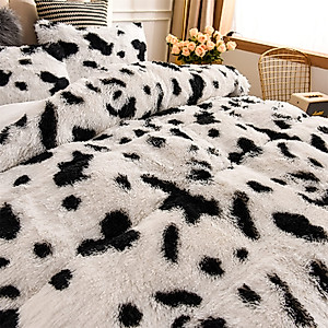 Aimuan Plush Shaggy Duvet Cover Set Faux Fur Fuzzy Cow Print Bedding Comforter Cover & Sets, Luxury Ultra Soft Crystal Velvet Reverse Fluffy Quilt Cover Set 3 Pcs (White, Queen)