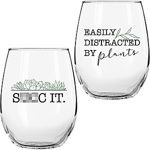 On The Rox Drinks Plant Lady Succulent Cactus Gifts for Women- Set of 2 Funny Wine Glasses 15oz (Easily Distracted by Plants - S**c It)