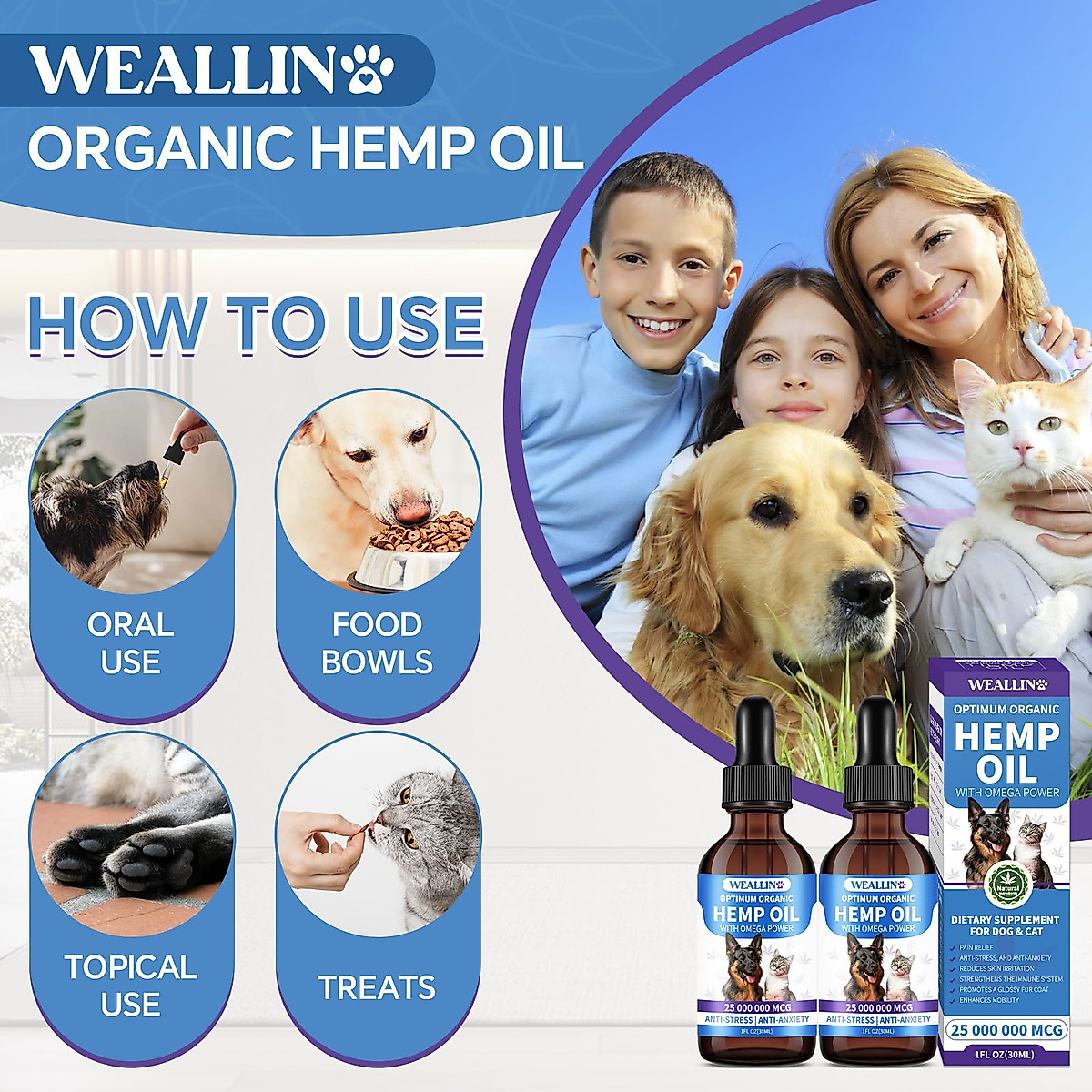WEALLIN Hemp Oil for Dogs and Cats, Rich in Omega 3, 6, 9 and Organic Extract Helps Pets with Anxiety, Pain, Skin and Coat Health, Stress, Hip and Joint Support