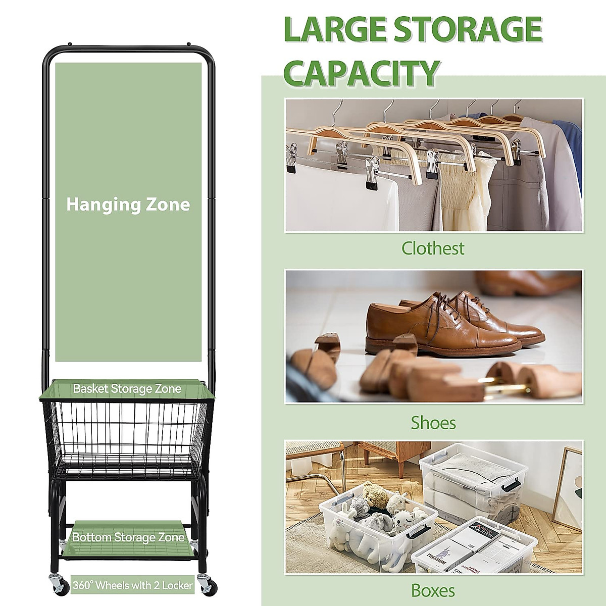 Mosxoed Laundry Cart with Wheels and Hanging Rack, Rolling Laundry Basket with Clothes Rack Laundry Butler with Wire Storage Rack Coat Rack for Laundry Bedroom Hallway, Black