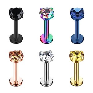 Ruifan 4mm Mix Color CZ Gem Internally Threaded Labret Monroe Lip Ring Tragus Nail Helix Earring Stud Barbell Piercing Jewelry 16G 8mm 6pcs