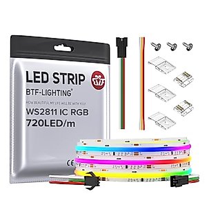 BTF-LIGHTING FCOB WS2811 IC RGB Chip Flexible High Density Uniform Light Chasing Color LED Strip DC24V 720LED/m 9.8FT 60IC 12mm Width Dream Color LED Tape for Bedroom Kitchen(NO Adapter or Controller)