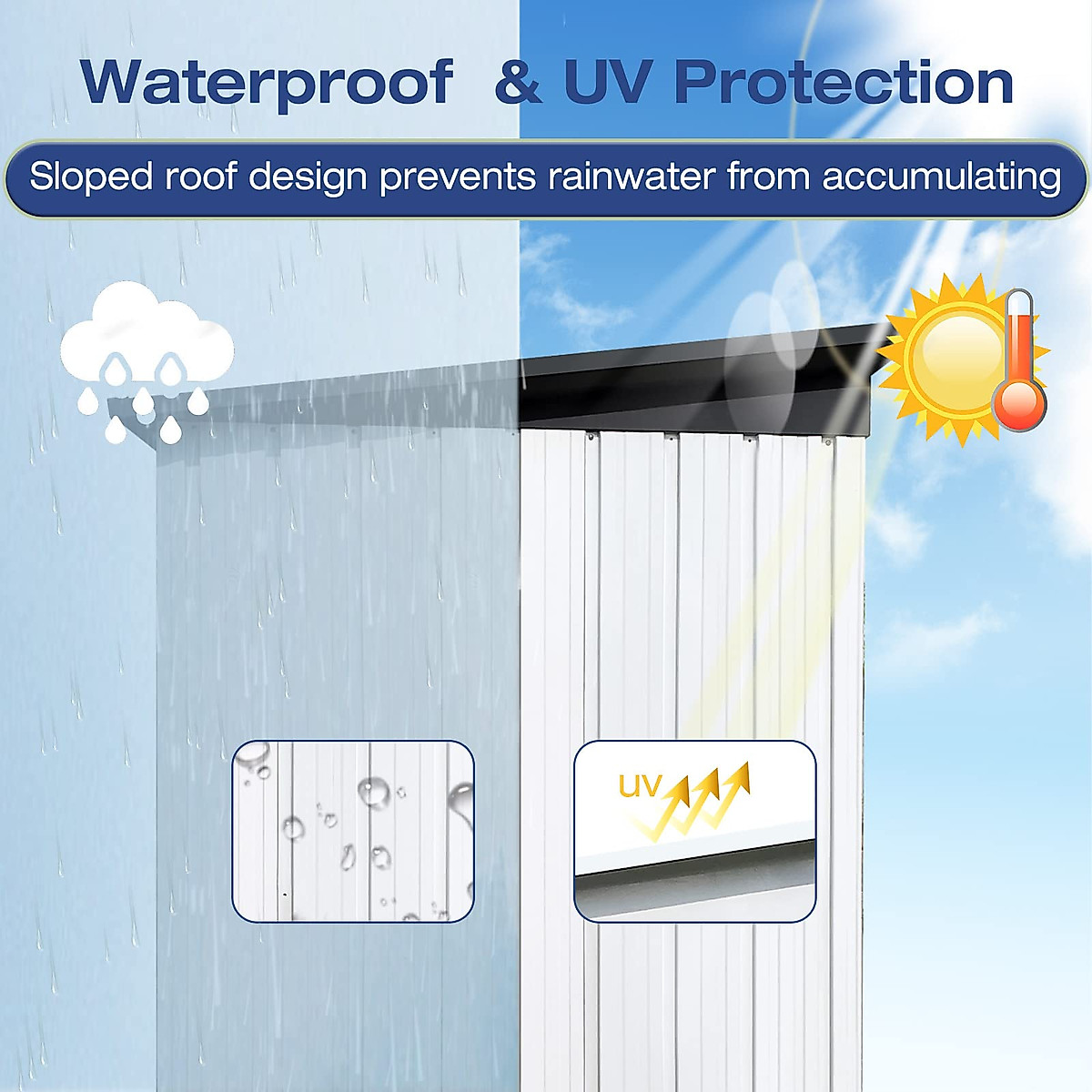 Lyromix 63.5'' × 33.8'' Metal Outdoor Storage Shed with Door & Lock, Waterproof Garden Storage Tool Shed for Backyard Patio,White Black