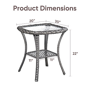 Opohoro Patio Wicker Side Table, Outdoor PE Rattan End Table with 5mm Tempered Glass Top and 2-Tier Storage Shelf, 20" Square Coffee Table for Deck Porch Garden Backyard-Grey
