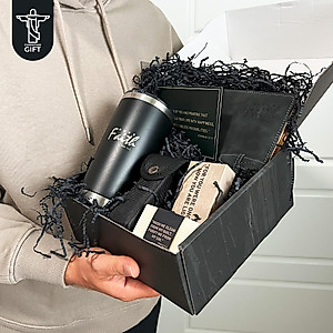 DEHITE Christian Gifts for Men - Religious Basket Inspirational Present - Insulated Tumbler - Notebook - Multitool Pocket Knife - Christmas Gift Birthday Box for Father