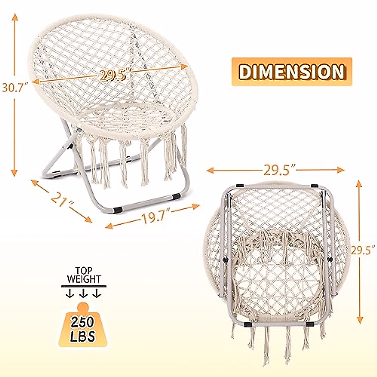 KROFEM Boho Moon Saucer Chair, Foldable Round Circle Style, Relax in Comfort in Bedroom or Living Room, Perfect for Adults and Teens, No Assembly Beige