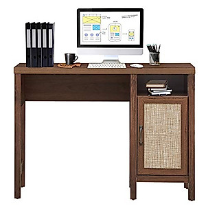 Tangkula Computer Desk with Storage Cabinet, Rustic Wooden Writing Desk Study Desk with Metal Handle, Compact Computer Desk Workstation Laptop PC Desk for Home Office, Walnut