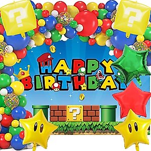 122pc Game Birthday Party Supplies Super Bros Birthday Decorations Party Decorations Include Backdrop, Latex Balloons, Foil Balloons for Boys Girls Game Theme Party