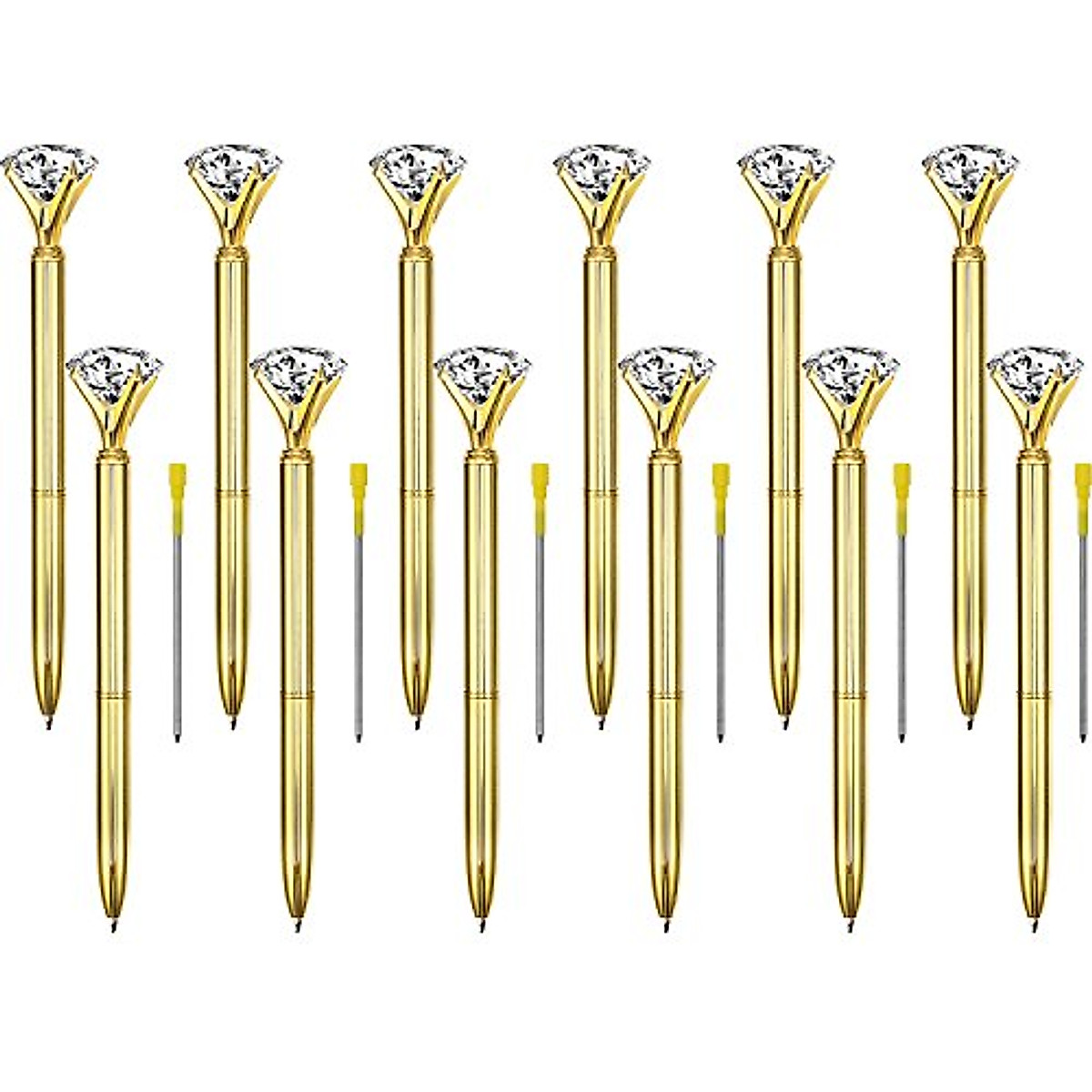 Bememo 12 Pieces Big Diamond Crystal Ballpoint Pens and 6 Pieces Ballpoint Pen Refills, Black Ink (Gold)