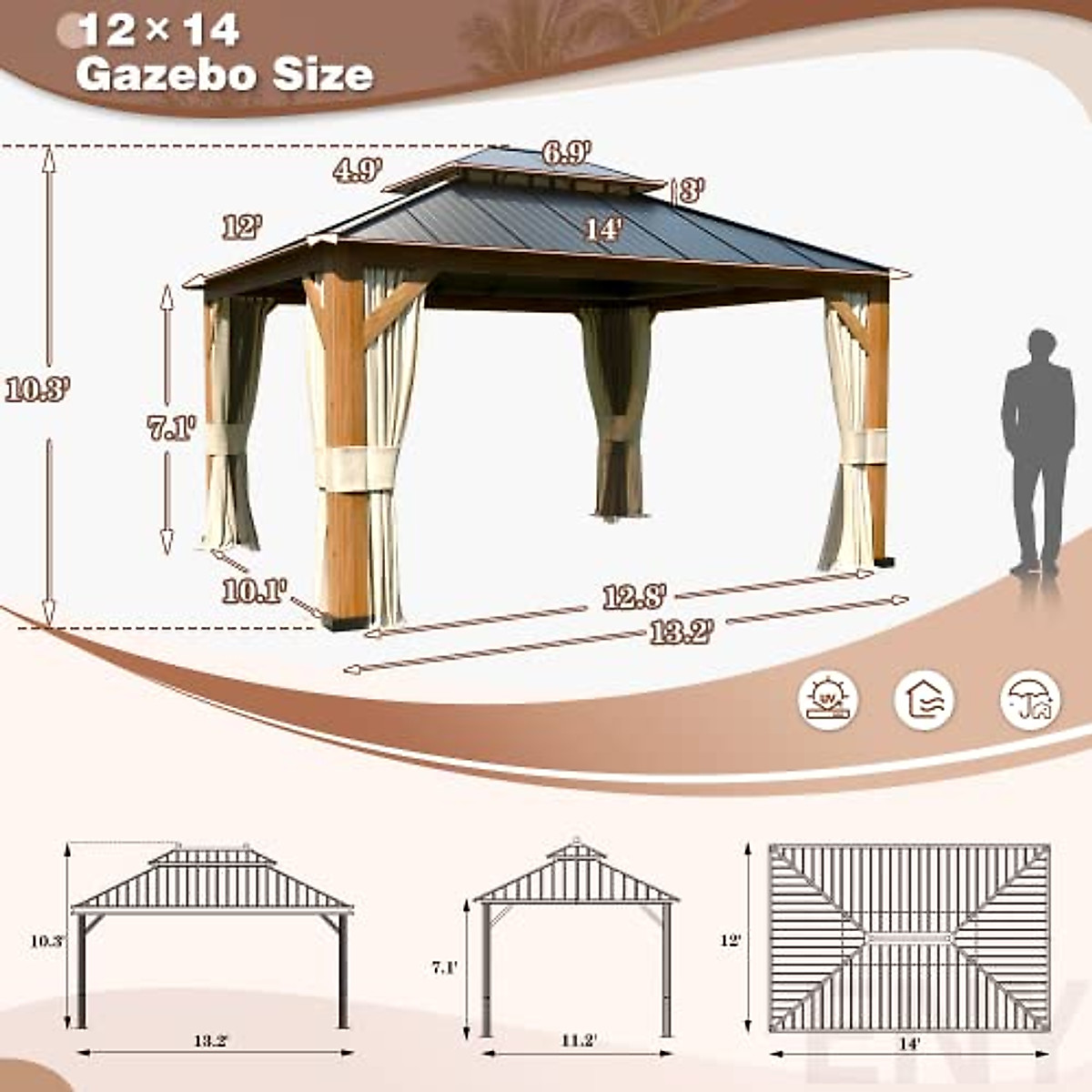 EROMMY 12'X14' Gazebo, Wooden Grain Aluminum Frame Canopy with Galvanized Steel Hardtop Roof, Outdoor Permanent Pavilion with Curtains and Nettings for Patio, Backyard, Deck