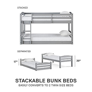 DHP Phoenix Convertible Low Wood Floor Bunk Bed, Stackable and Detachable Bed Frames for Kids, Solid Wood, with Ladder, High Guardrail, Wood Slats, No Boxspring Required, Twin-Over-Twin, Gray