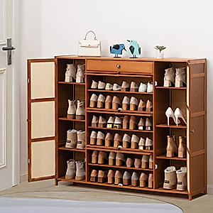 MoNiBloom Rattan Shoe Cabinet with 3 Drawers Rattan Pattern Free Standing Shoe, Shelf Storage Rack with Flip Doors & Drawer for 28-32 Pairs for Living Room, Entryway and Hallway, Brown