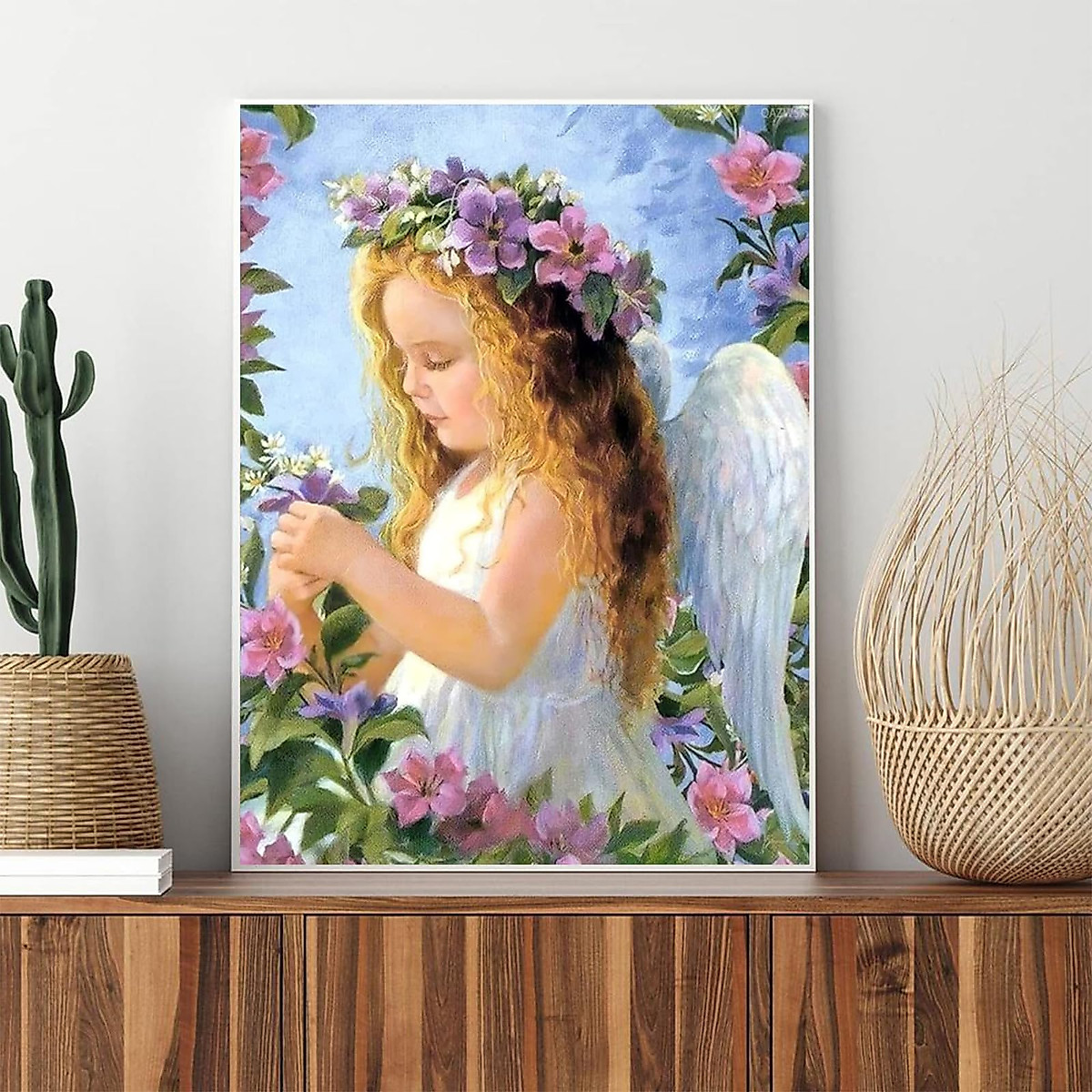 QAZWSX 5D Angel Diamond Painting Kits, Pink Flowers DIY Diamond Art Kits for Adults, Full Round Drill Crystal Cross Stitch Adults Craft for Wall Office Decor Christmas Thanksgiving Gift 12x16 inch