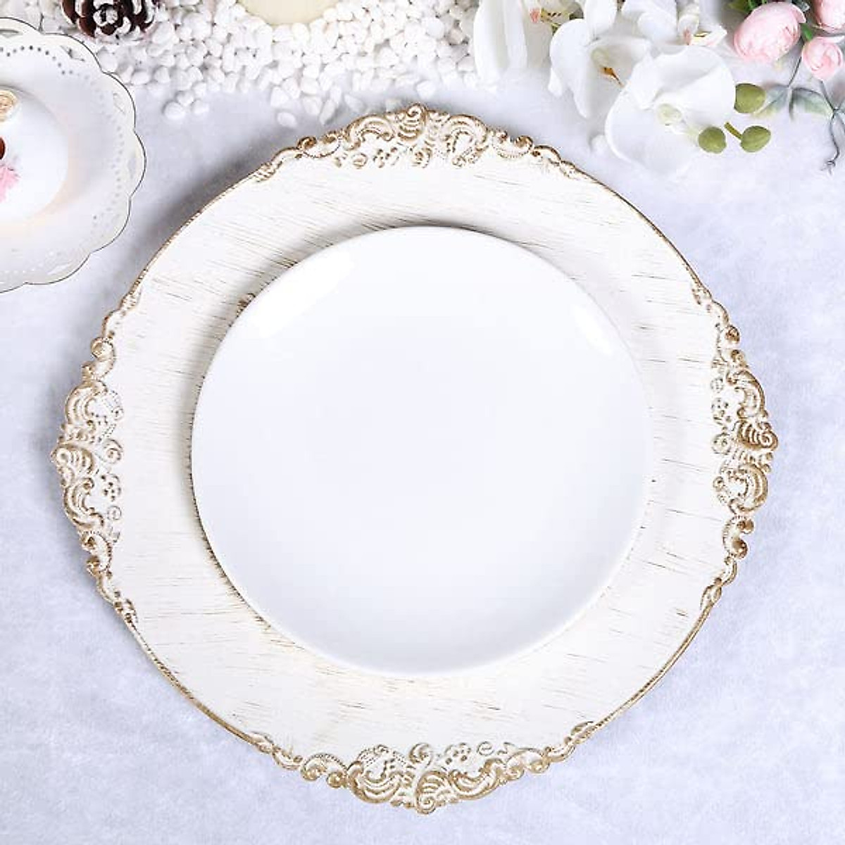 Tableclothsfactory 6 Pack White 13" Round Baroque Charger Plates Leaf Embossed Antique Gold Rim for Tabletop Decor Catering Event