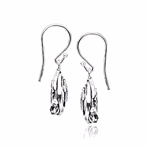 925 Sterling Silver Hanging Earrings w/White Round Cubic Zirconia Antique Finish Wrapped Bezel Nested in CZ, Hypoallergenic, Nickel & Lead-free, Artisan Handcrafted Designer, French Wire Earring Back