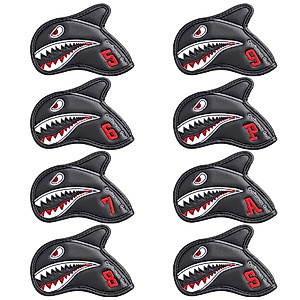 Craftsman Golf Vivid Shark Embroideried with 3D Fin 8pcs (5,6,7,8,9,P,A,S Black Iron Headcover Set with Large Red No.
