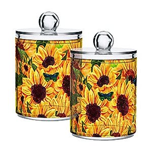 xigua Sunflower Qtip Holder 2 Pack, 14 oz Apothecary Jars Bathroom Vanity Organizer Canister for Qtips,Cotton Swabs,Cotton Balls,Cosmetic Pads,Flossers,Bath Salts