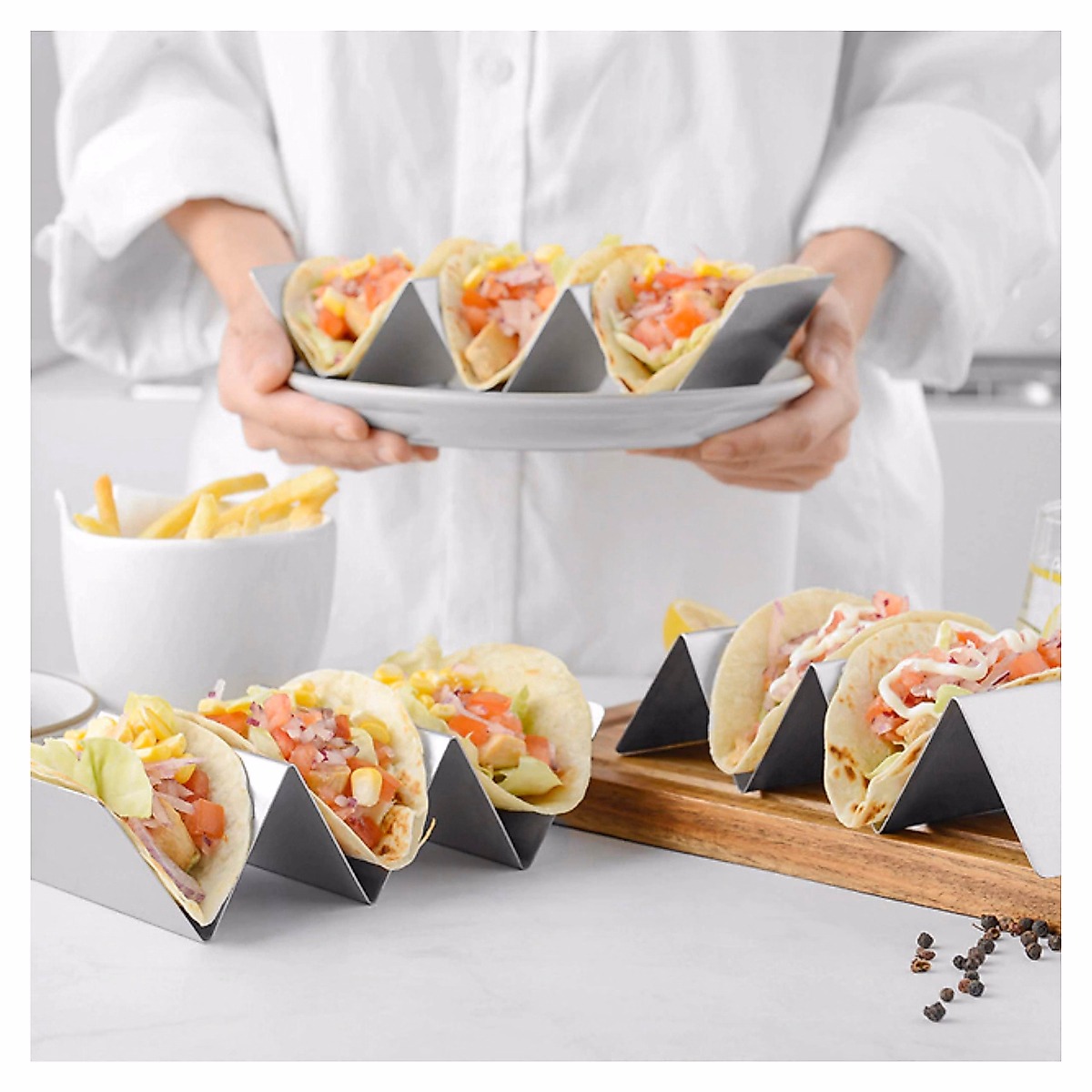 Stainless Steel Taco Stand Holder With Bamboo Tray - Set of 2 - Taco Tuesday With Four Sauce Holders and Four Spoons - Holds Up to 4-6 tacos - Stainless Steel Racks With Handles Oven & Grill Safe