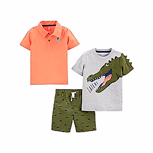 Simple Joys by Carter's Baby Boys' 3-Piece Playwear Set, Coral Orange Elephant/Green Dinosaur/Grey Alligator, 2T