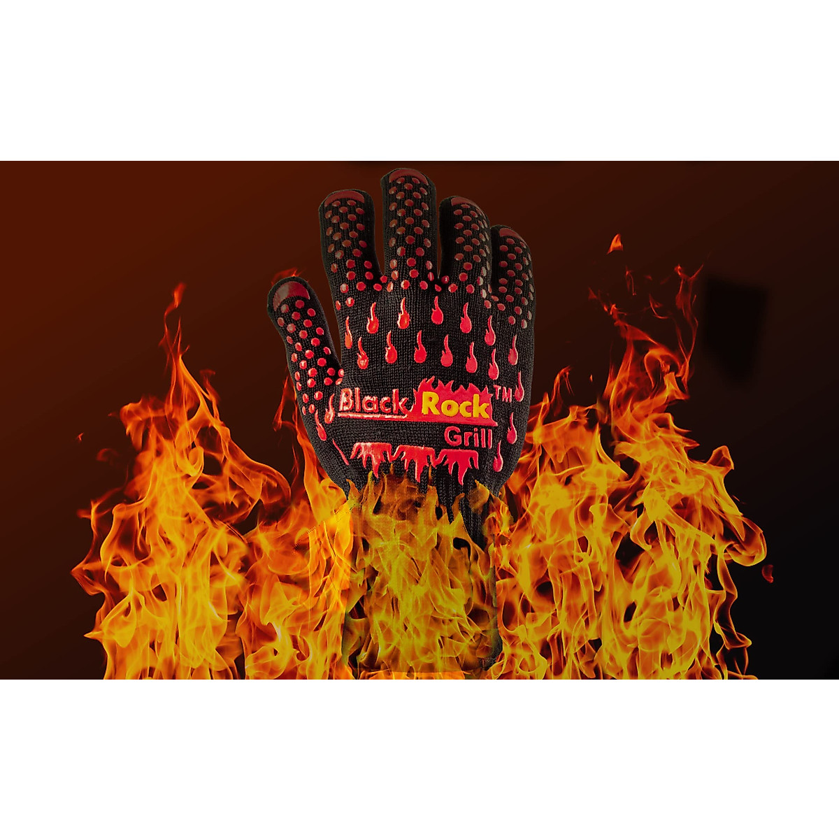 Black Rock Grill Fire & Heat Resistant Cooking Gloves 923F -28cm Silicone Safety Oven Mitts with Fingers- Gloves for Grilling, BBQ, Fireplace, Lava Stones, EN407,EN388, EN ISO 21420 Certified (Medium)