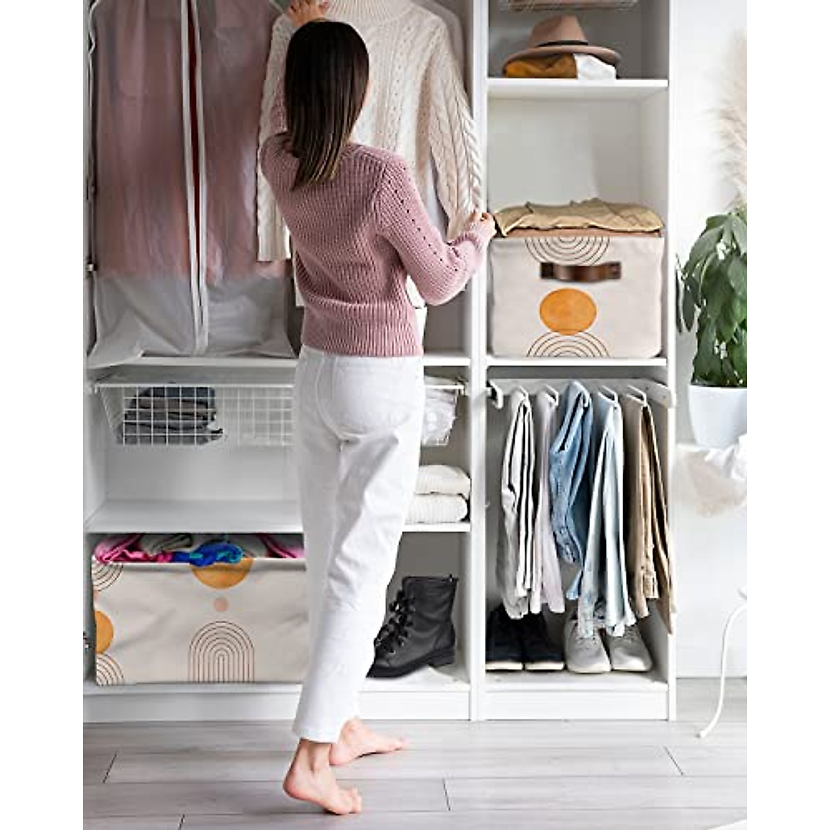 Modern Orange Cube Storage Organizer Bins with Handles,2-PC Collapsible Canvas Cloth Fabric Storage Basket,Abstract Middle Century Geometry Art Circle Books Kids' Toys Bin Boxes for Shelves