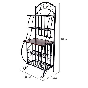65 Inch 5 Tier Bakers Rack, Middle Wood Shelf, Carved Black Metal Frame