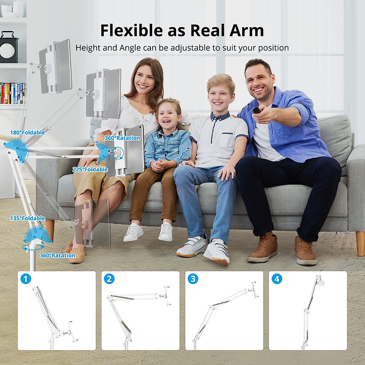 Spessn Tablet Floor Stand, Overhead Bed Phone Mount, Height Adjustable Universal Metal Tablet Holder, Phone Stand, Compatible with iPad, Samsung Galaxy Tab, Phone, Kindle, 4.5-12.9" (Light White)…