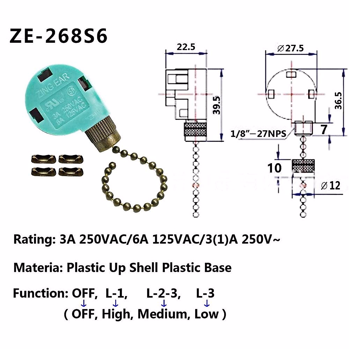 Akahttbn Ceiling Fan Switch Zing Ear ZE-268S6, 3 Speed 4 Wire Speed Control Pull Chain Cord Appliances Switch Replacement Parts Compatible with Hunter Ceiling Fans Wall Lamps (Bronze)