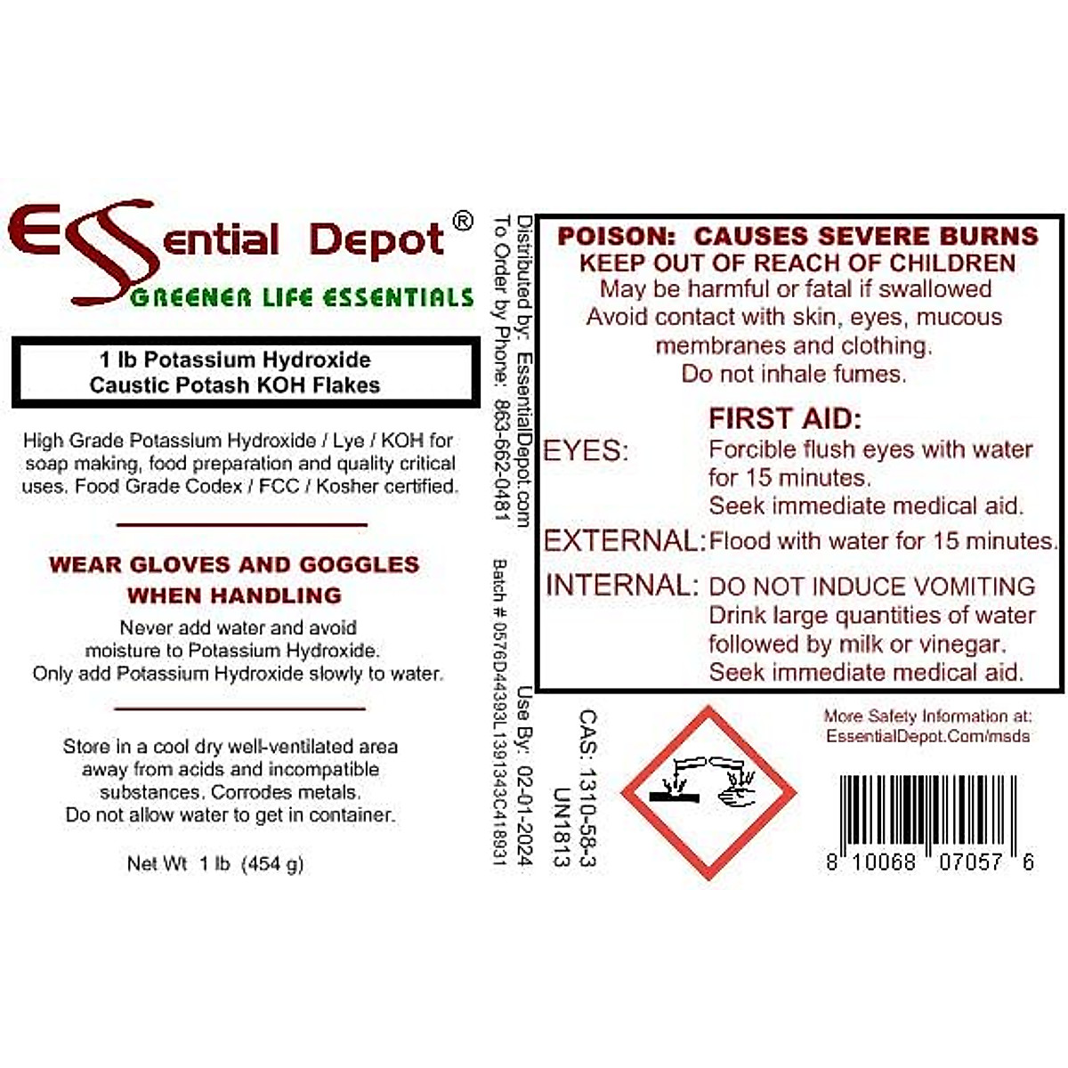 Potassium Hydroxide Flakes KOH, 1 lb Caustic Potash Anhydrous KOH Dry Electrolyte - HDPE Container with resealable Child Resistant Cap