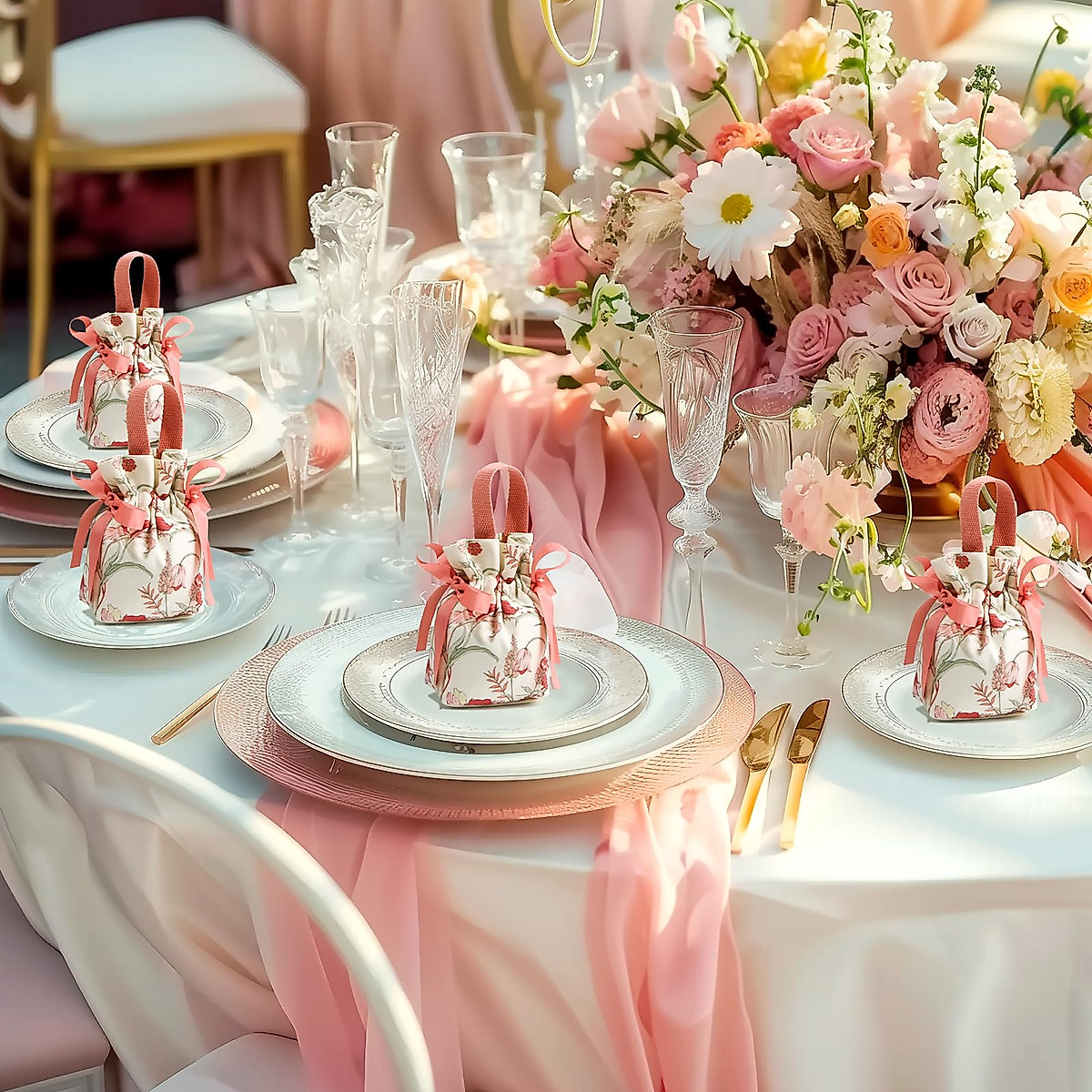 Liobelon 8 Pieces Floral Small Gift Bags with Handles 5.5 x 3.7 x 2.3'' Canvas Small Candy Bag Tea Party Favor Bags Wedding Favors Boxes for Party, Baby Shower,Bridal Shower (pink)