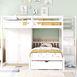 Harper & Bright Designs Full Over Twin Bunk Bed with Stairs & Wardrobe, Wood Bunk Bed with Storage Drawers, Kids Bunk Bed Full Over Twin Size for Bedroom,No Box Spring Needed(White)